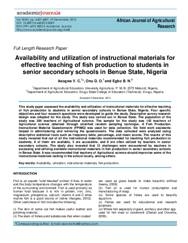 (PDF) African Journal of Agricultural Research Availability and utilization of instructional ...