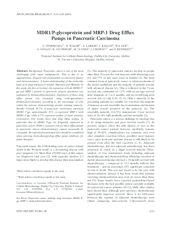 (PDF) MDR1/P-glycoprotein and MRP-1 drug efflux pumps in pancreatic ...