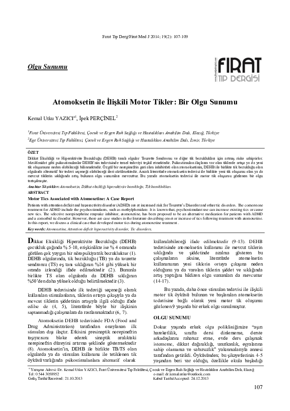 (PDF) Atomoksetin ile İlişkili Motor Tikler: Bir Olgu Sunumu