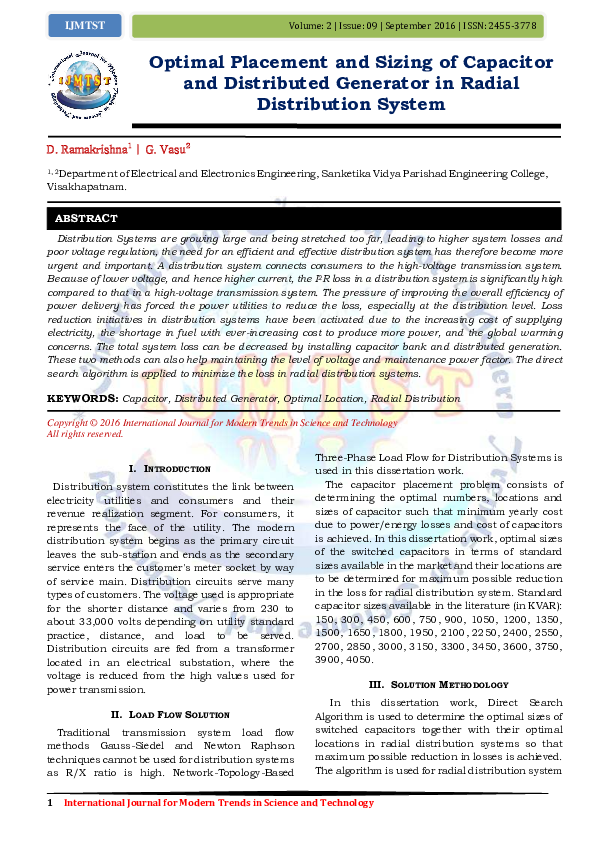 Pdf Optimal Placement And Sizing Of Capacitor And Distributed Generator In Radial Distribution