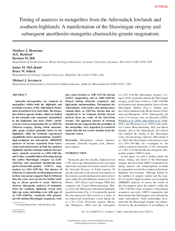 (PDF) Timing of anatexis in metapelites from the Adirondack lowlands ...