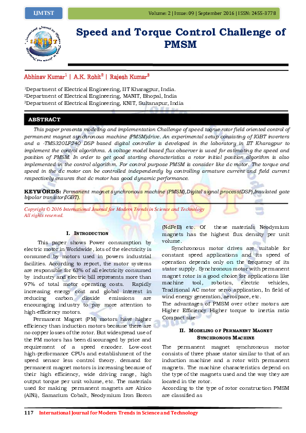 (PDF) Speed and Torque Control Challenge of PMSM (PDF) Speed and Torque Control Challenge of PMSM
