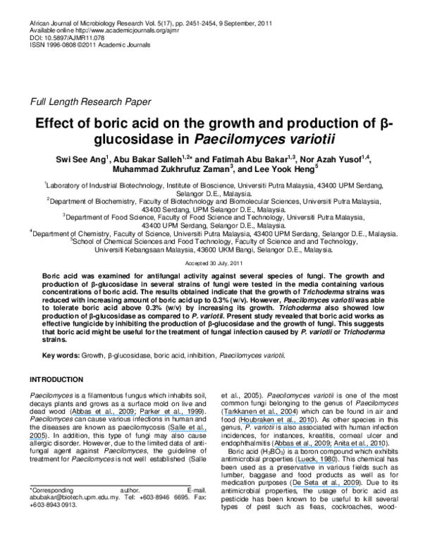 (PDF) Effect of boric acid on the growth and production of β-glucosidase in Paecilomyces variotii