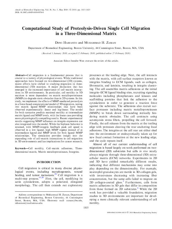 (PDF) Computational Study of Proteolysis-Driven Single Cell Migration in a Three-Dimensional Matrix