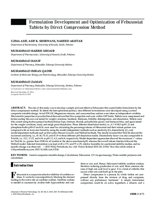 Pdf Formulation Development And Optimization Of Febuxostat Tablets By Direct Compression Method