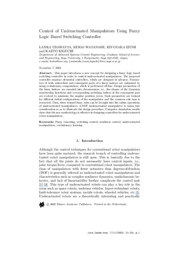 Pdf Control Of Underactuated Manipulators Using Fuzzy Logic Based Switching Controller