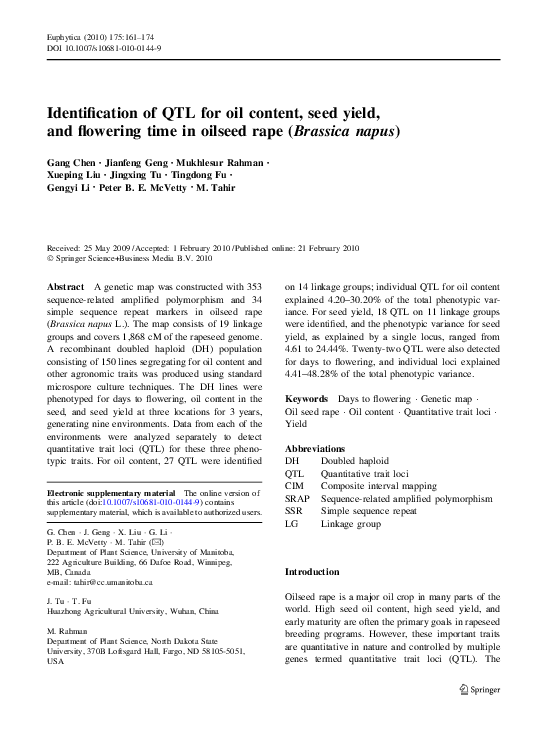 (PDF) Identification of QTL for oil content, seed yield, and flowering time in oilseed rape ...