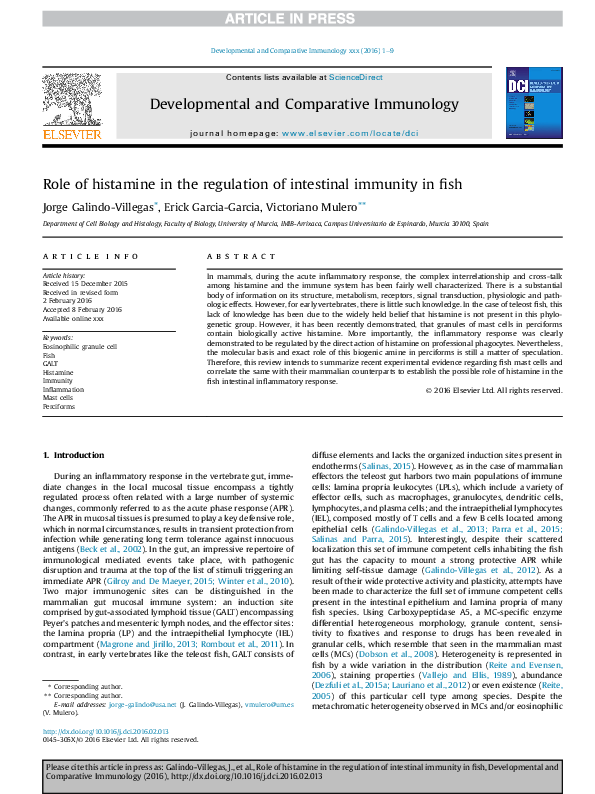 (PDF) Role of histamine in the regulation of intestinal immunity in fish