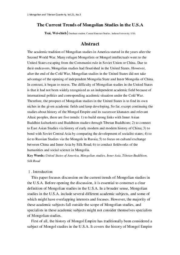 (PDF) The Current Trends of Mongolian Studies in the U.S.A.