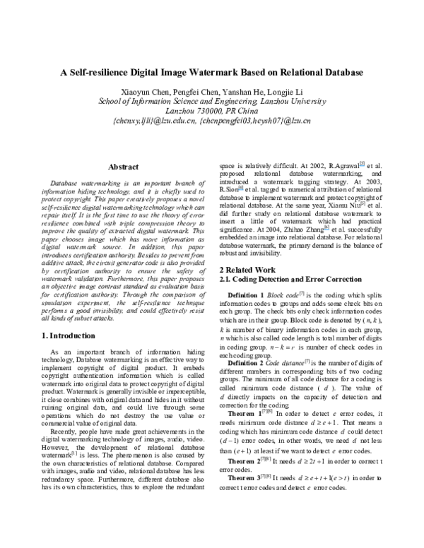 (PDF) A Self-Resilience Digital Image Watermark Based on Relational Database