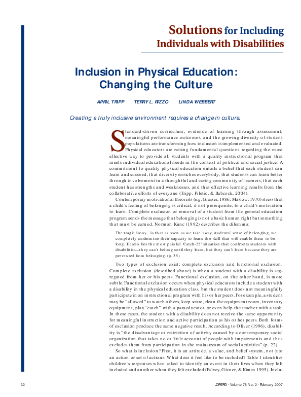 (PDF) Inclusion in Physical Education: Changing the Culture; Creating a ...