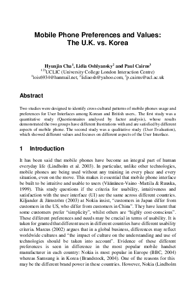 (PDF) Mobile Phone Preferences and Values: the U.K. vs. Korea