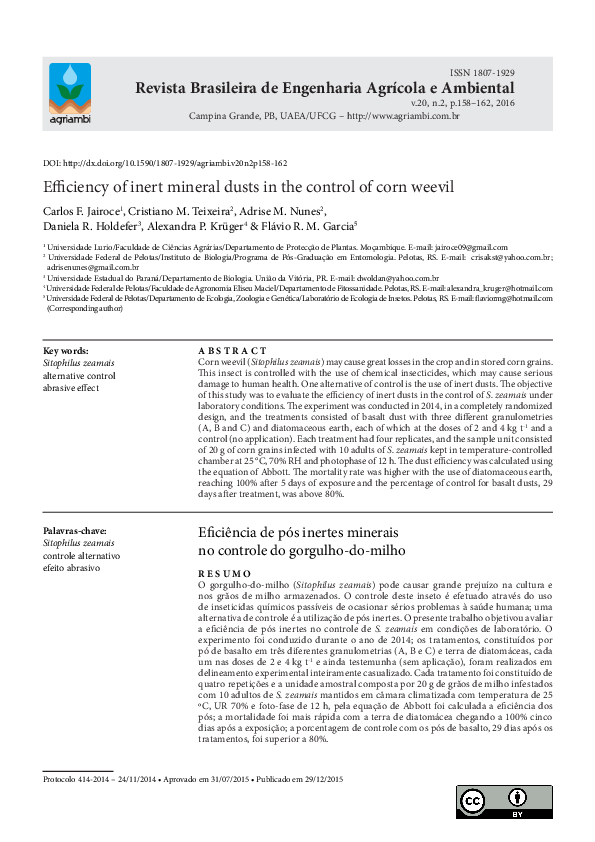 (PDF) Efficiency of inert mineral dusts in the control of corn weevil