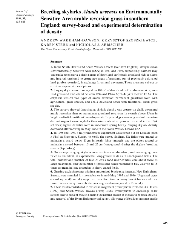 (PDF) Breeding skylarks Alauda arvensis on Environmentally Sensitive ...