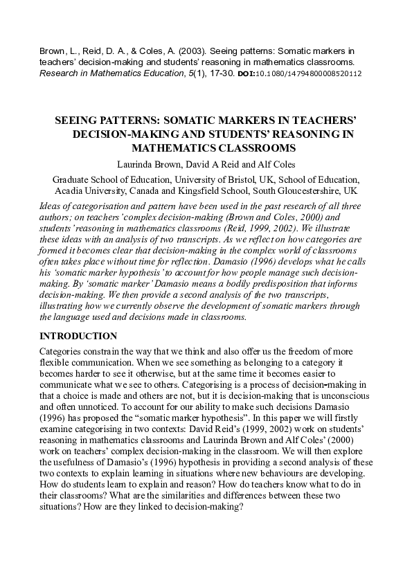 (PDF) SEEING PATTERNS: SOMATIC MARKERS IN TEACHERS’ DECISION-MAKING AND ...
