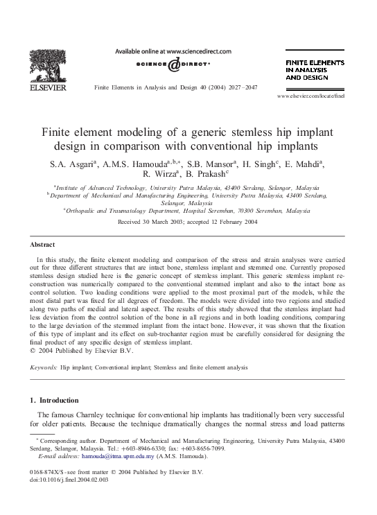 Pdf Finite Element Modeling Of A Generic Stemless Hip Implant Design In Comparison With