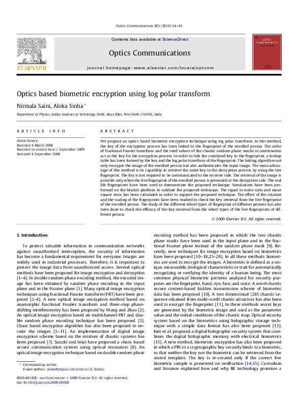Pdf Optics Based Biometric Encryption Using Log Polar Transform