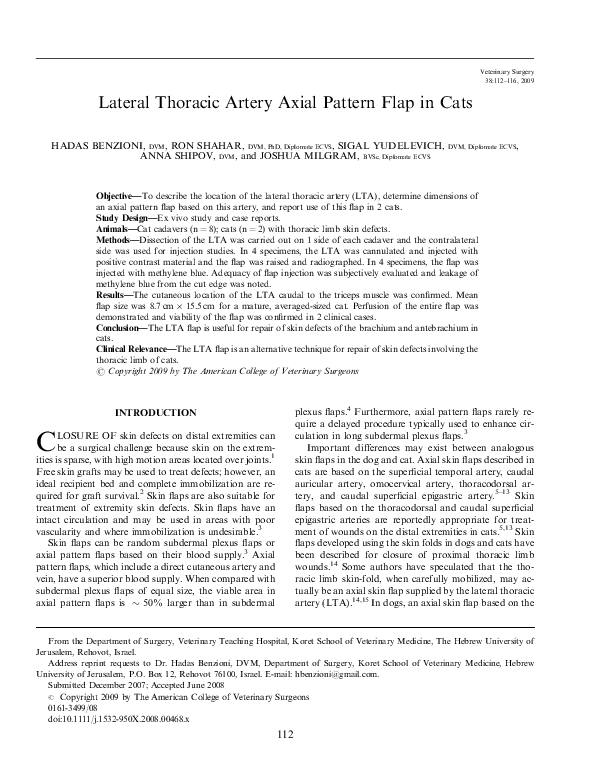 (PDF) Lateral Thoracic Artery Axial Pattern Flap in Cats