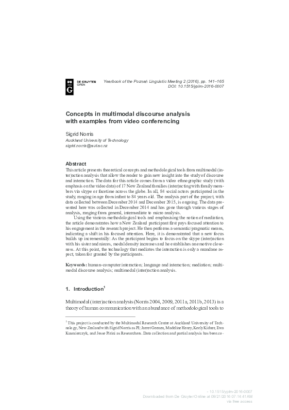 Pdf Concepts In Multimodal Discourse Analysis With Examples From