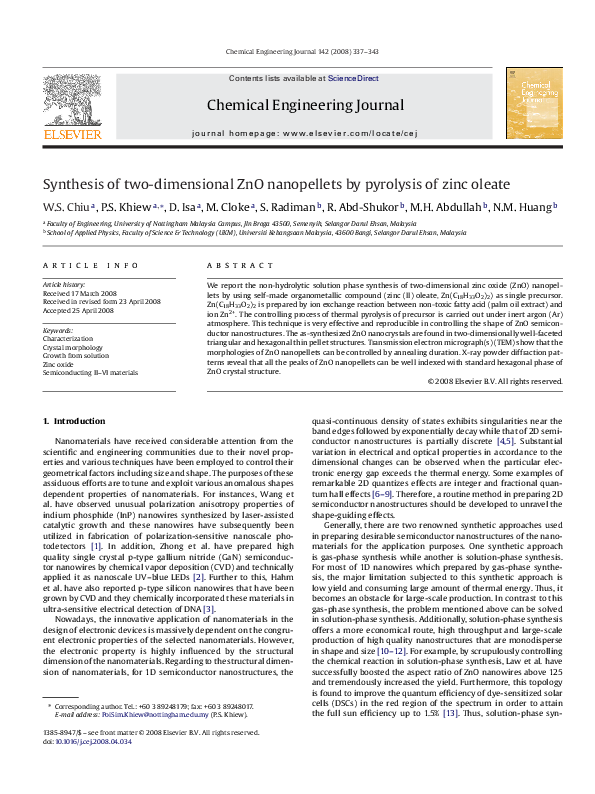 (PDF) Synthesis of two-dimensional ZnO nanopellets by pyrolysis of zinc ...
