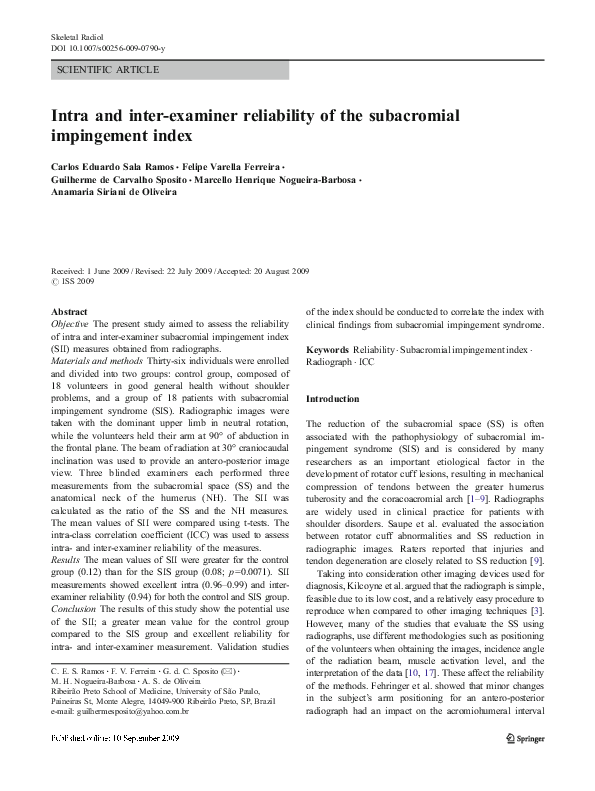 (PDF) Intra and inter-examiner reliability of the subacromial ...
