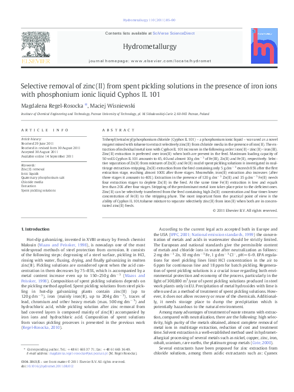 (PDF) Selective removal of zinc(II) from spent pickling solutions in ...
