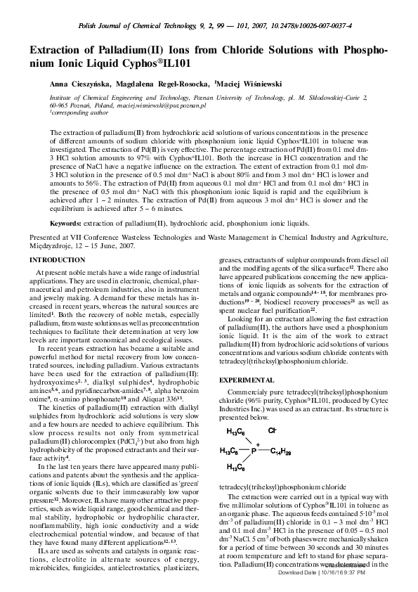 (PDF) Extraction of Palladium(II) Ions from Chloride Solutions with ...