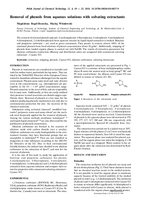 (PDF) Removal of phenols from aqueous solutions with solvating extractants | Magdalena Regel ...
