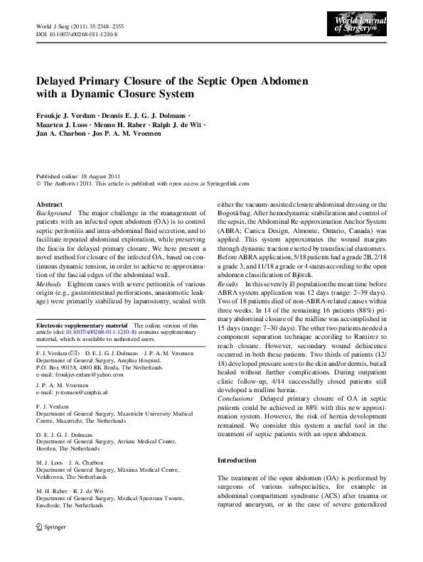 (PDF) Delayed Primary Closure of the Septic Open Abdomen with a Dynamic ...