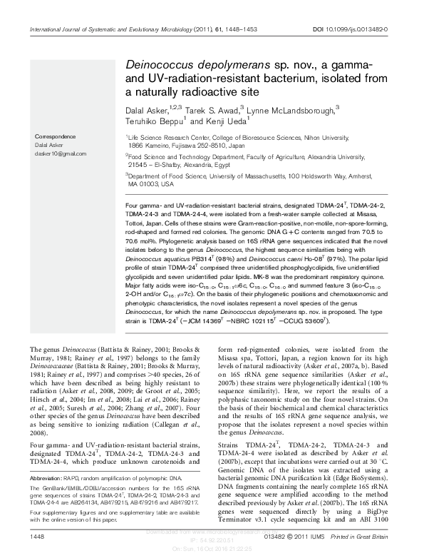 (PDF) Deinococcus depolymerans sp. nov., a gamma- and UV-radiation ...
