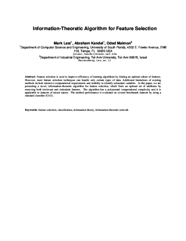 Pdf Information Theoretic Algorithm For Feature Selection