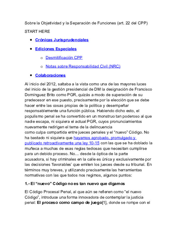 (DOC) Sobre la Objetividad y la Separación de Funciones (art. 22 del CPP) START HERE