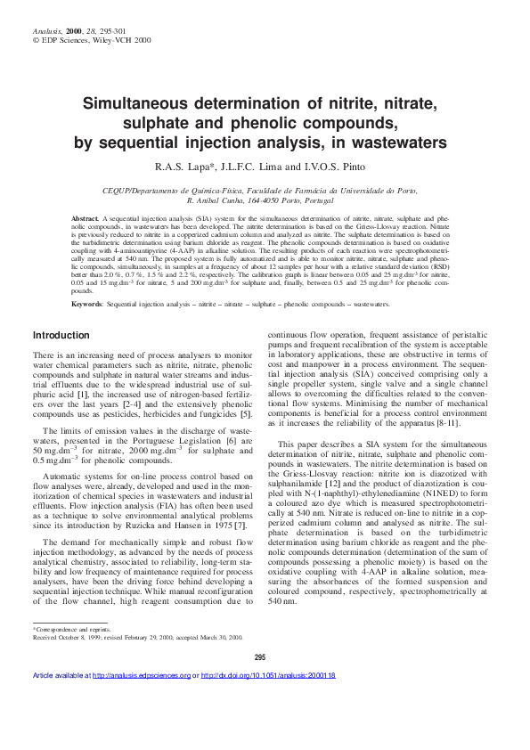 Pdf Simultaneous Determination Of Nitrite Nitrate Sulphate And Phenolic Compounds By