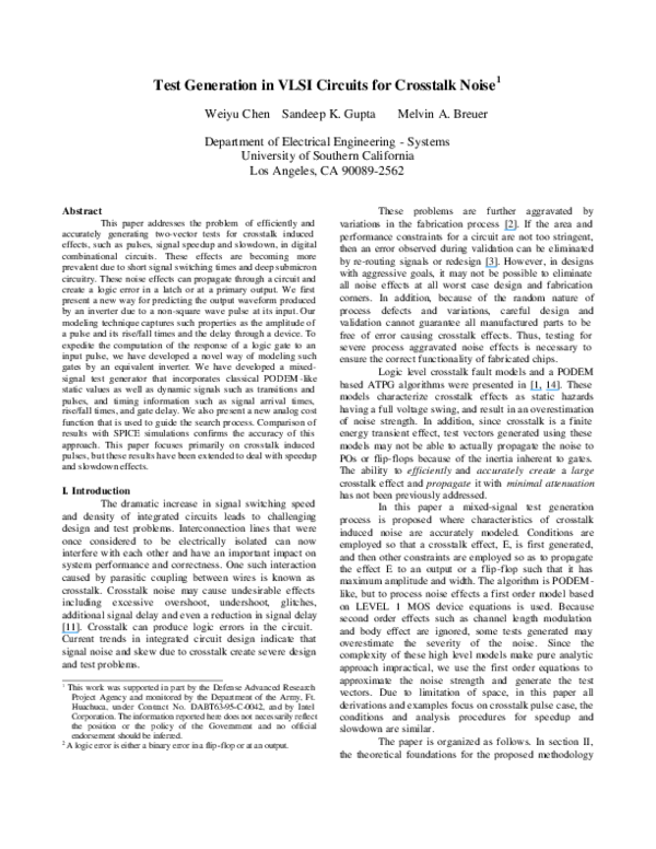 Pdf Test Generation In Vlsi Circuits For Crosstalk Noise