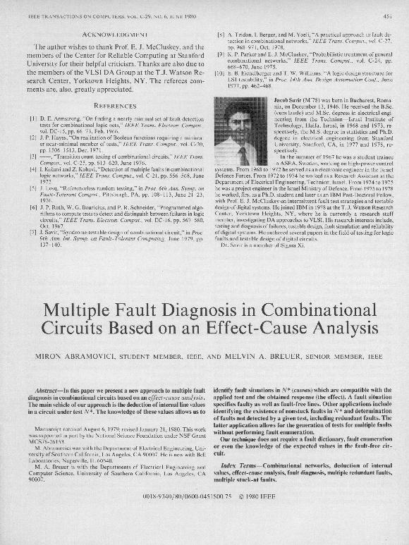 Pdf Multiple Fault Diagnosis In Combinational Circuits Based On An