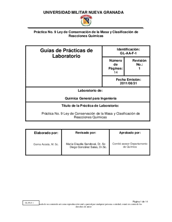 (PDF) Ley de Conservación de la Masa y Clasificación de Reacciones Químicas