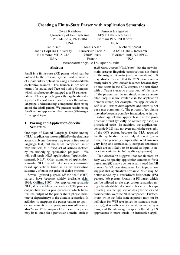 (PDF) Creating a Finite-State Parser with Application Semantics