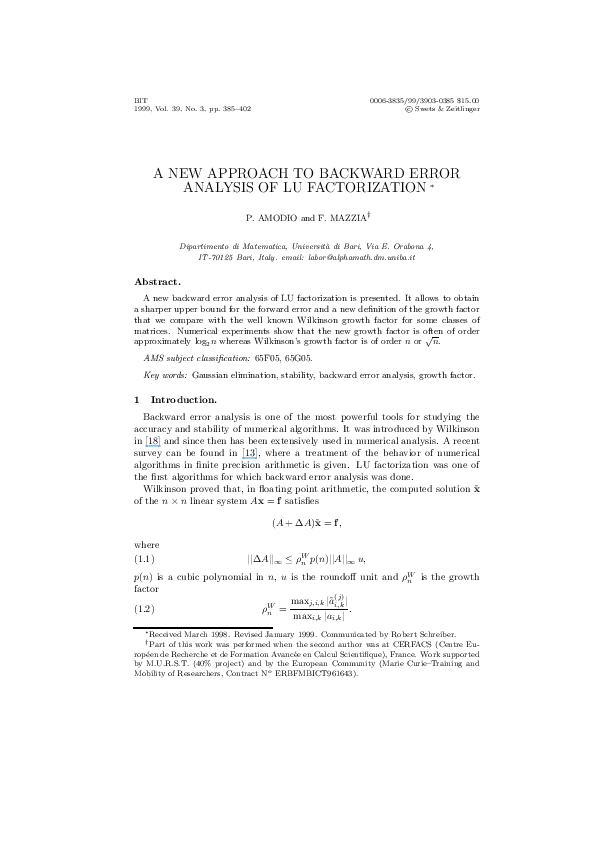 (PDF) A New Approach to Backward Error Analysis of Lu Factorization