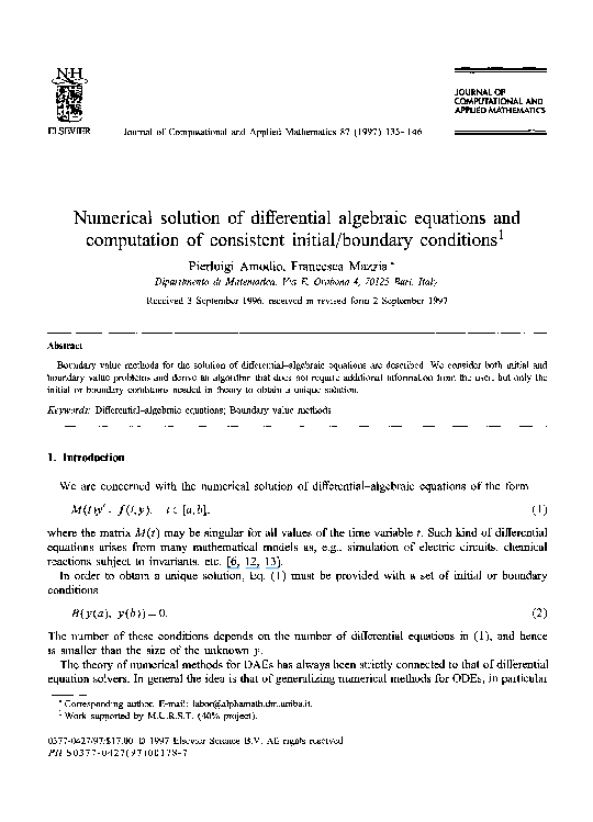 (PDF) Numerical solution of differential algebraic equations and computation of consistent ...