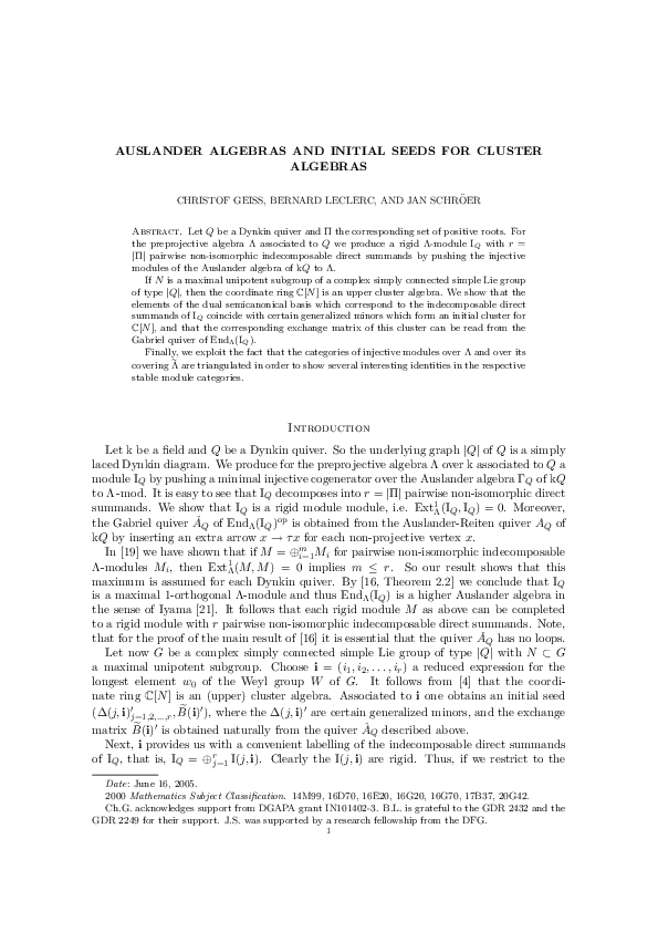 (PDF) Auslander algebras and initial seeds for cluster algebras