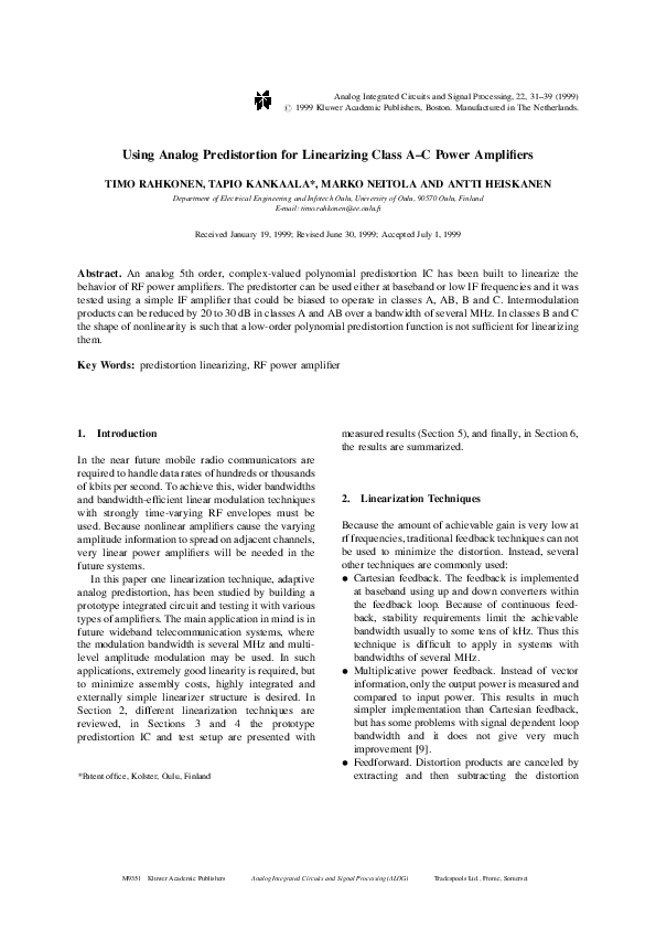 Pdf Using Analog Predistortion For Linearizing Class Ac Power Amplifiers