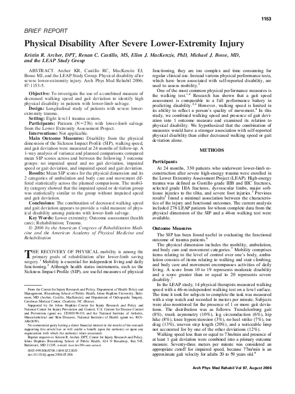 (PDF) Physical Disability After Severe Lower-Extremity Injury
