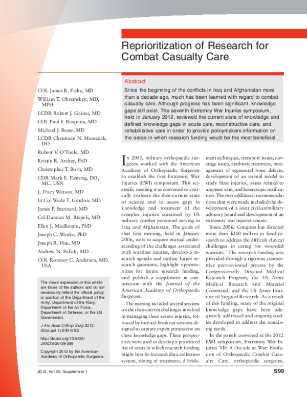 (PDF) Reprioritization of Research for Combat Casualty Care