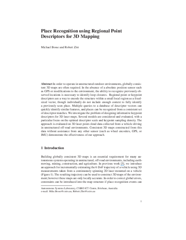 (PDF) Place Recognition Using Regional Point Descriptors for 3D Mapping
