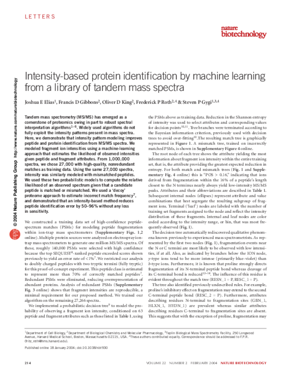 (PDF) Intensity-based protein identification by machine learning from a ...