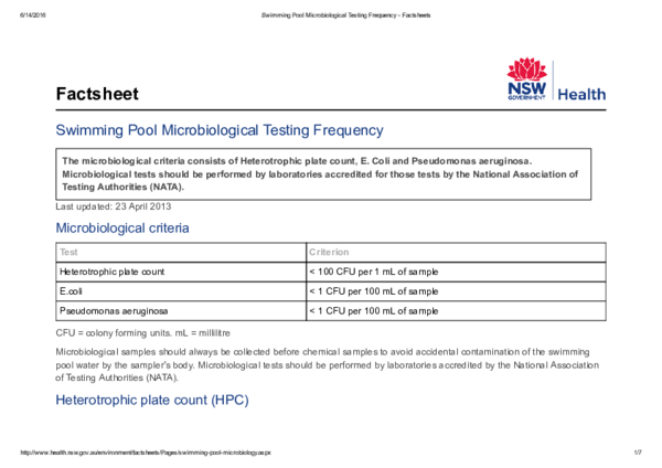 (PDF) Swimming Pool Microbiological Testing Frequency - Factsheets