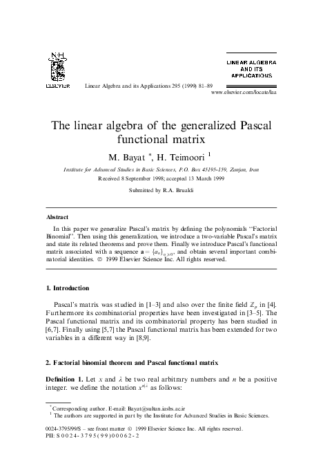 (PDF) The linear algebra of the generalized Pascal functional matrix