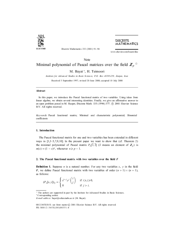 Pdf Minimal Polynomial Of Pascal Matrices Over The Field