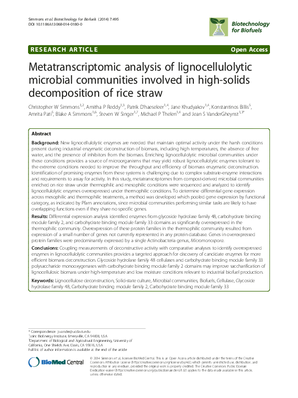(PDF) Metatranscriptomic analysis of lignocellulolytic microbial communities involved in high ...