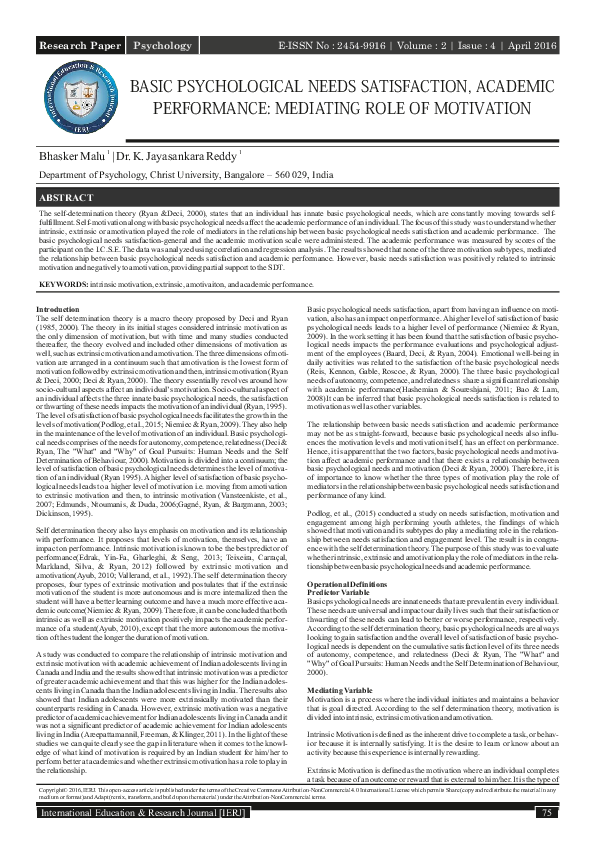 Pdf Basic Psychological Needs Satisfaction Academic Performance Mediating Role Of Motivation